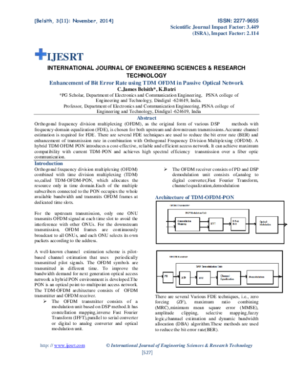 Pdf Enhancement Of Bit Error Rate Using Tdm Ofdm In Passive Optical