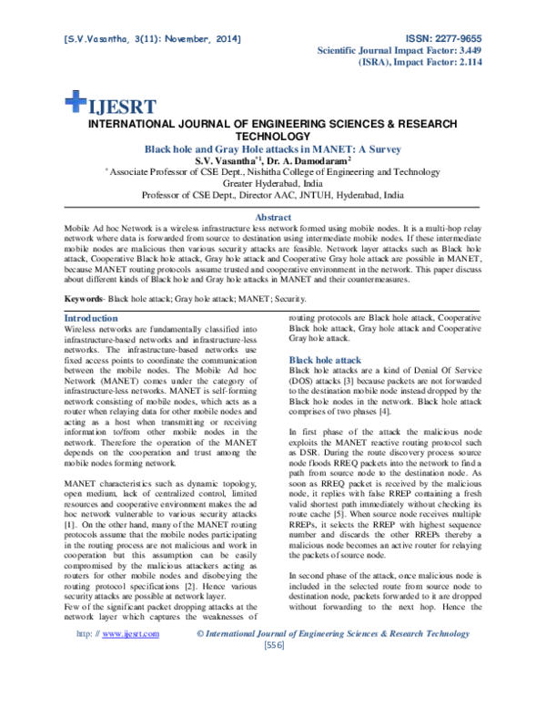 Pdf Black Hole And Gray Hole Attacks In Manet A Survey