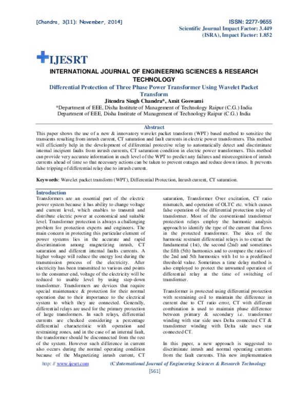 Pdf Differential Protection Of Three Phase Power Transformer Using Wavelet Packet Transform