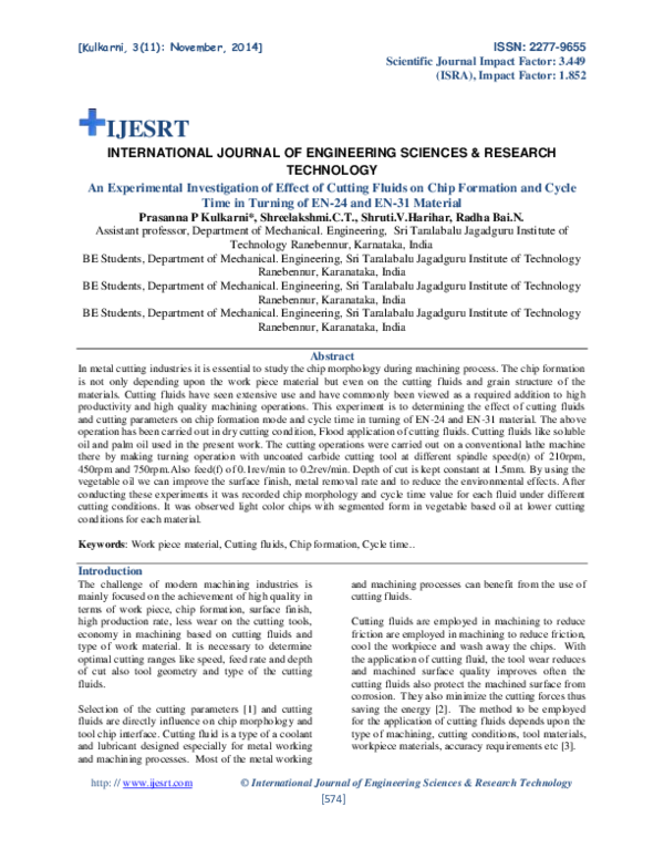 Pdf An Experimental Investigation Of Effect Of Cutting Fluids On Chip Formation And Cycle Time