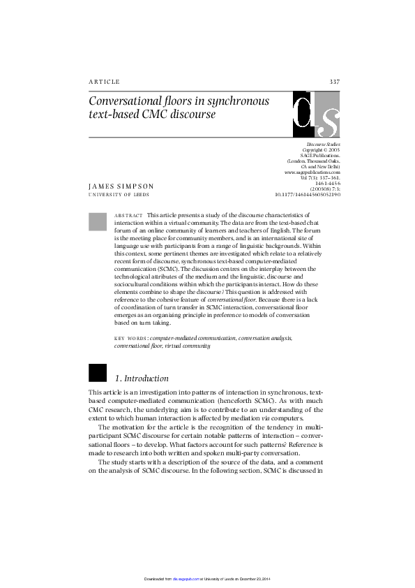 Pdf Conversational Floors In Synchronous Text Based Cmc Discourse
