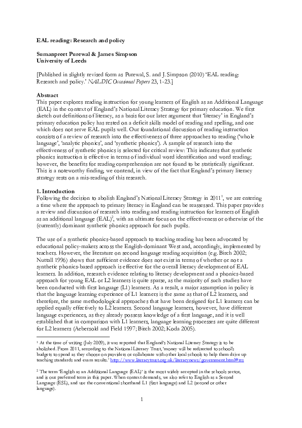(PDF) EAL reading: Research and policy 2010