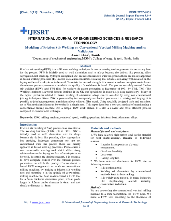 Pdf Modeling Of Friction Stir Welding On Conventional Vertical