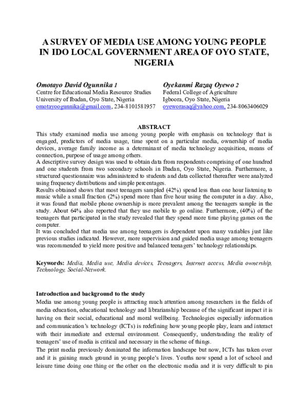 (PDF) A SURVEY OF MEDIA USE AMONG YOUNG PEOPLE IN IDO LOCAL GOVERNMENT ...