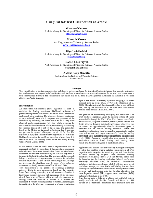 Pdf Using Em For Text Classification On Arabic