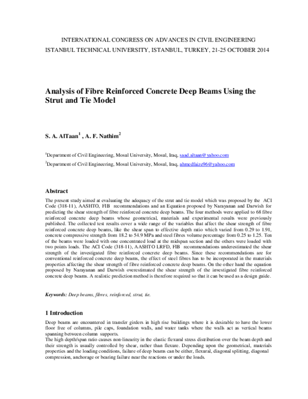 Doc Analysis Of Fibre Reinforced Concrete Deep Beams Using The Strut