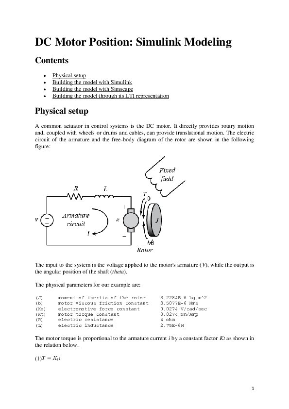 Doc Dc Motor Position Simulink Modeling Contents