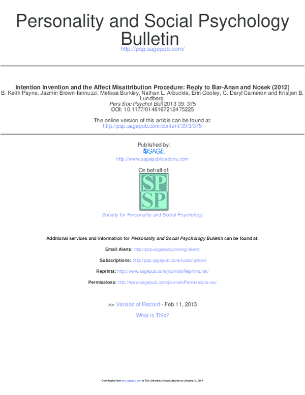 (PDF) Intention Invention and the Affect Misattribution Procedure