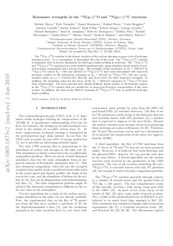 (PDF) Resonance strengths in the 14N(p, \gamma)15O and 15N(p, \alpha ...