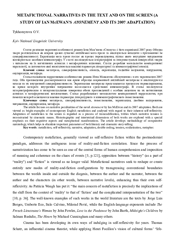 (DOC) Metafictional Narratives in the Text and on the Screen: a Study ...