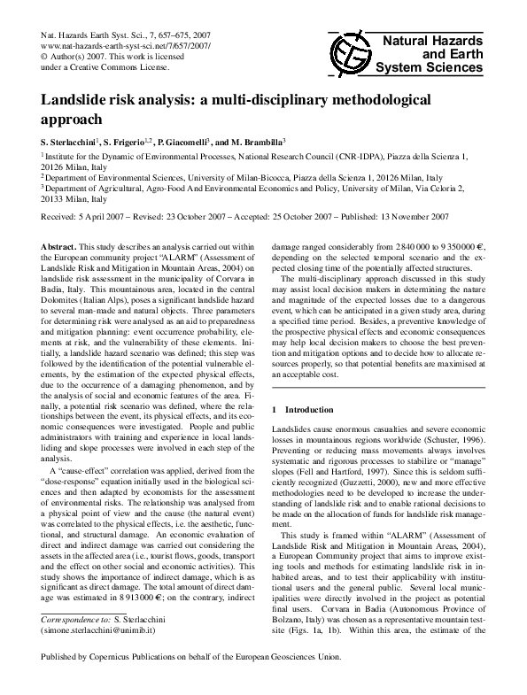 (PDF) Landslide risk analysis: a multi-disciplinary methodological approach