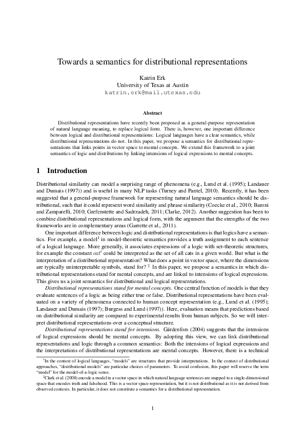 Pdf Towards A Semantics For Distributional Representations