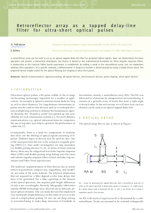 Pdf Retroreflector Array As A Tapped Delay Line Filter For Ultra
