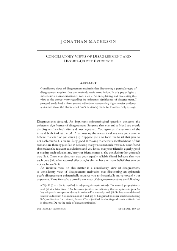 (PDF) Conciliatory Views of Disagreement and Higher-Order Evidence