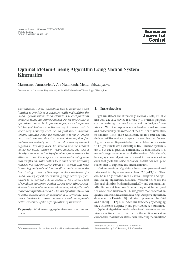 Pdf Optimal Motion Cueing Algorithm Using Motion System Kinematicsg Masoumeh Aminzadeh
