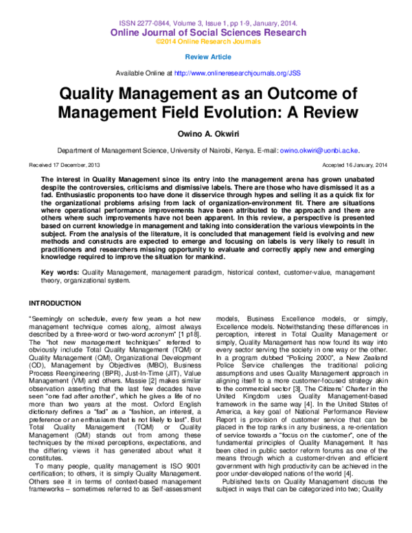 (PDF) Quality Management as an Outcome of Management Field Evolution: A ...