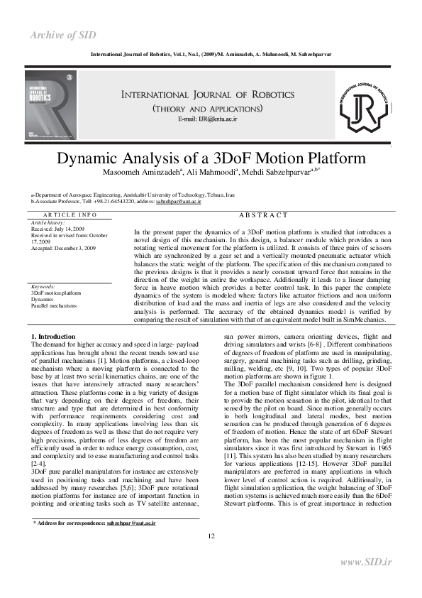 (PDF) Dynamic Analysis of a 3DoF Motion Platform