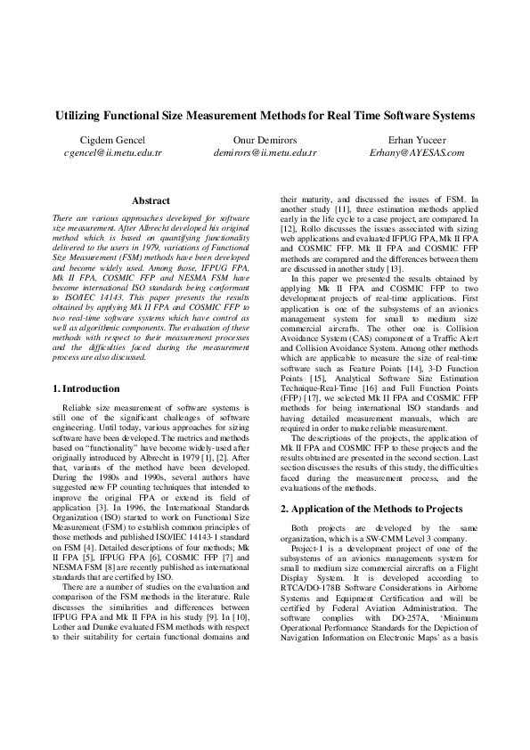 Pdf Utilizing Functional Size Measurement Methods For Real Time Software Systems Cigdem
