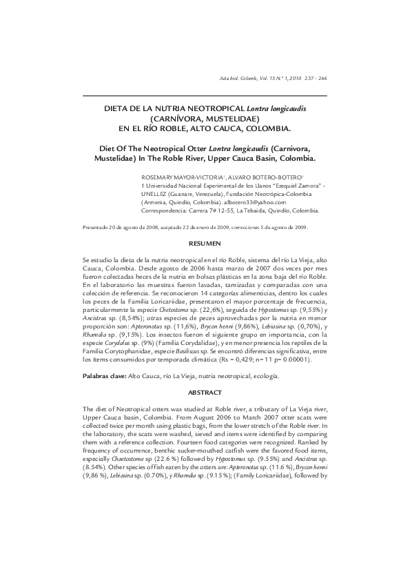 (PDF) Dieta de la nutria neotropical Lontra longicaudis (Carnivora ...