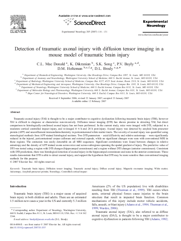 (PDF) Detection of traumatic axonal injury with diffusion tensor ...