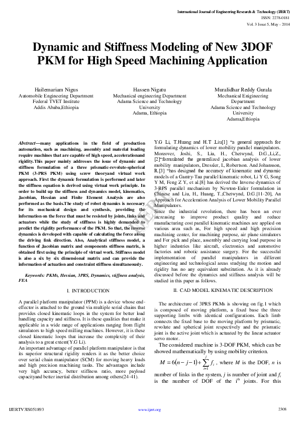 Pdf Dynamic And Stiffness Modeling Of New 3dof Pkm For High Speed Machining Application