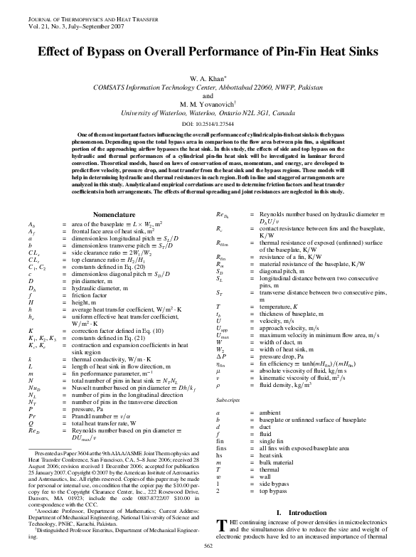 (PDF) Effect of Bypass on Overall Performance of Pin-Fin Heat Sinks