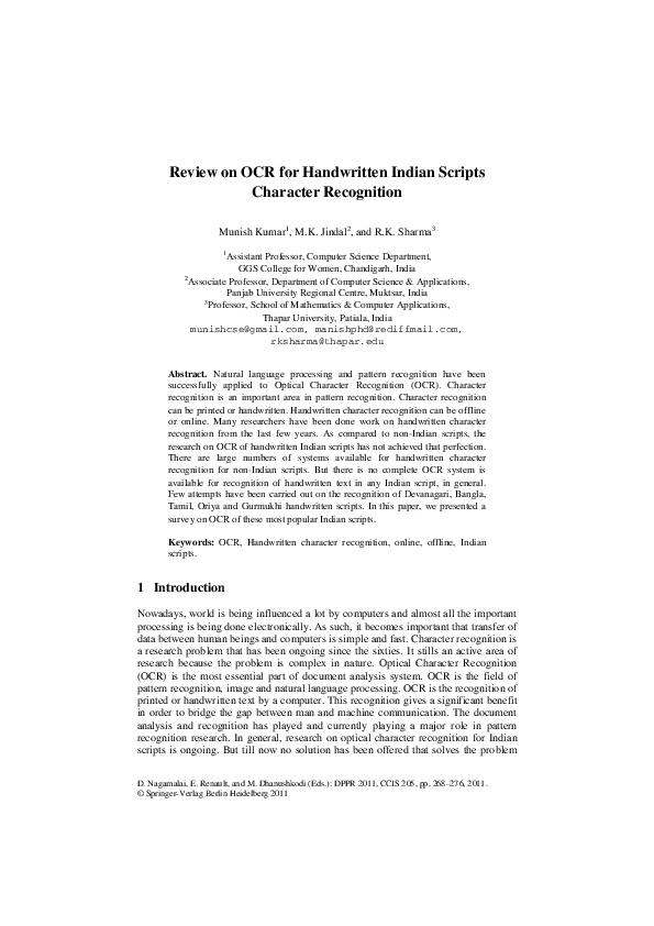 Pdf Review On Ocr For Handwritten Indian Scripts Character Recognition