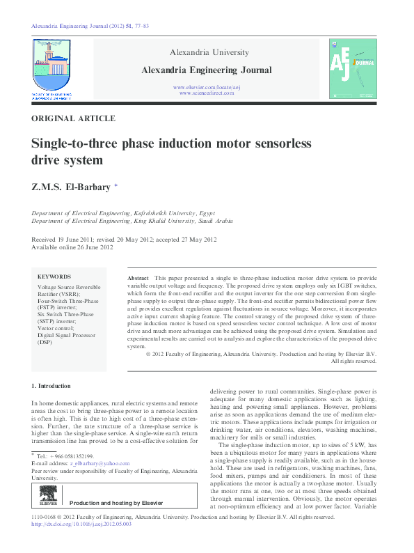 (PDF) Single-to-three phase induction motor sensorless IM Drive system