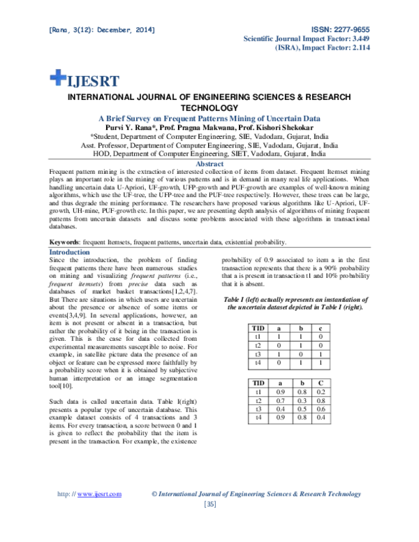 Pdf A Brief Survey On Frequent Patterns Mining Of Uncertain Data