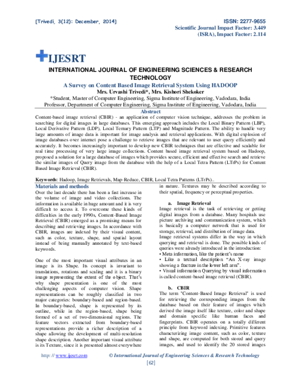 Pdf A Survey On Content Based Image Retrieval System Using Hadoop