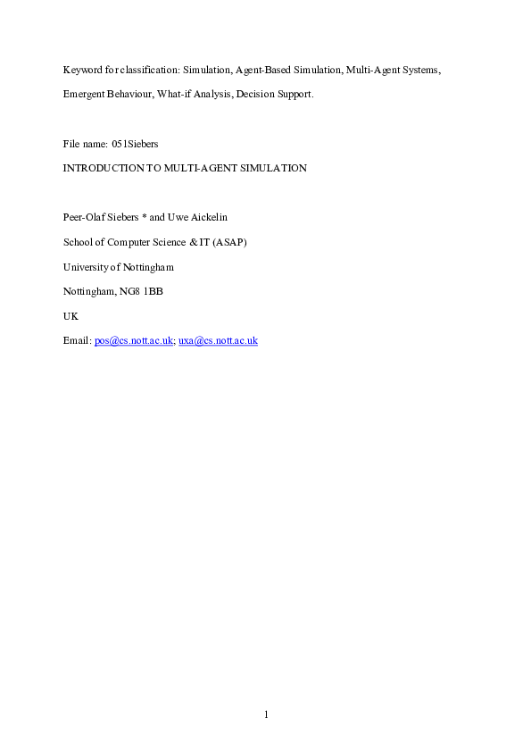 Pdf Introduction To Multi Agent Simulation