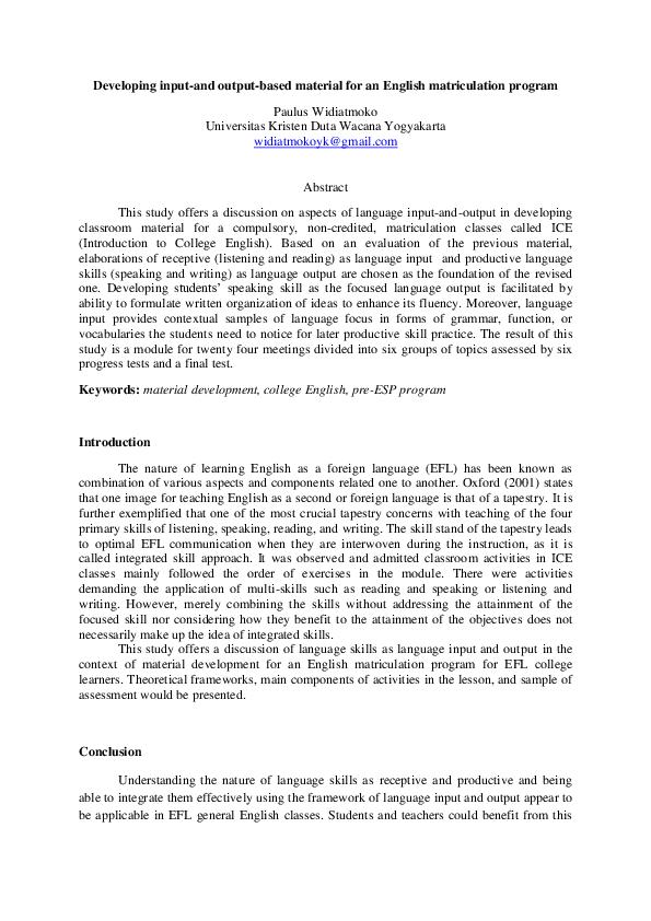(PDF) Developing input-and output-based material for an English matriculation program