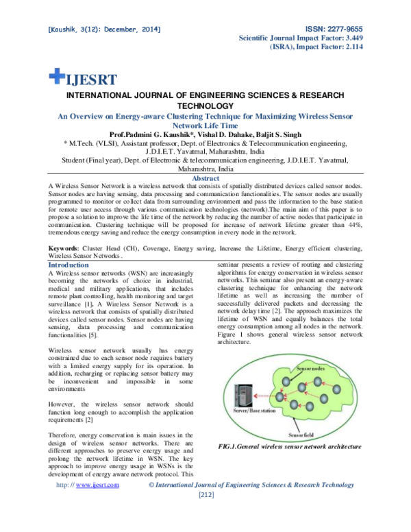 Pdf An Overview On Energy Aware Clustering Technique For Maximizing Wireless Sensor Network 
