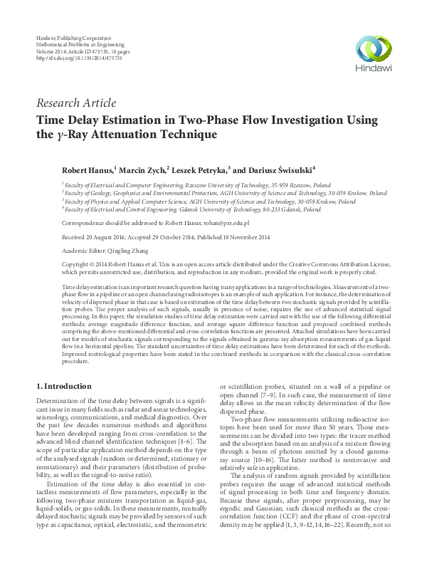 Pdf Time Delay Estimation In Two Phase Flow Investigation Using The γ