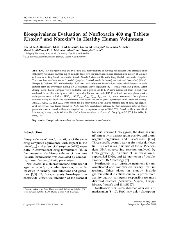 (PDF) Bioequivalence evaluationnorfloxacin 400 mg tablets (Uroxin and ...
