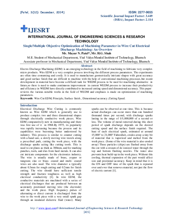 Pdf Singlemultiple Objective Optimization Of Machining Parameter In Wire Cut Electrical