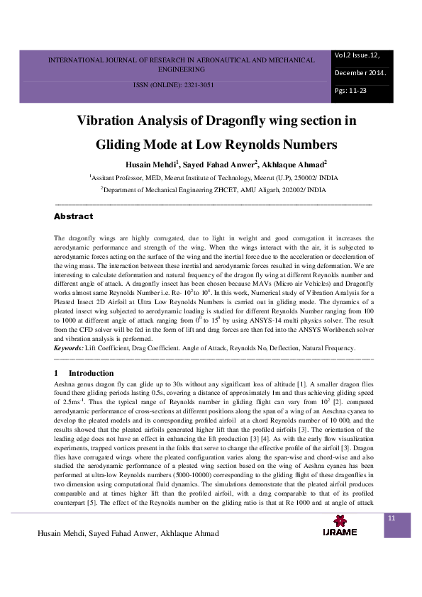 (PDF) Vibration Analysis of Dragonfly wing section in Gliding Mode at ...