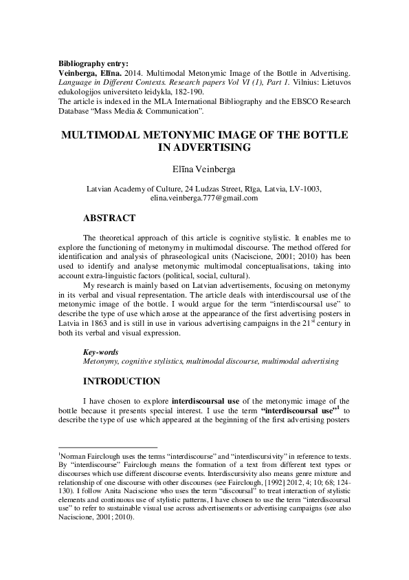 (PDF) Multimodal Metonymic Image of the Bottle in Advertising