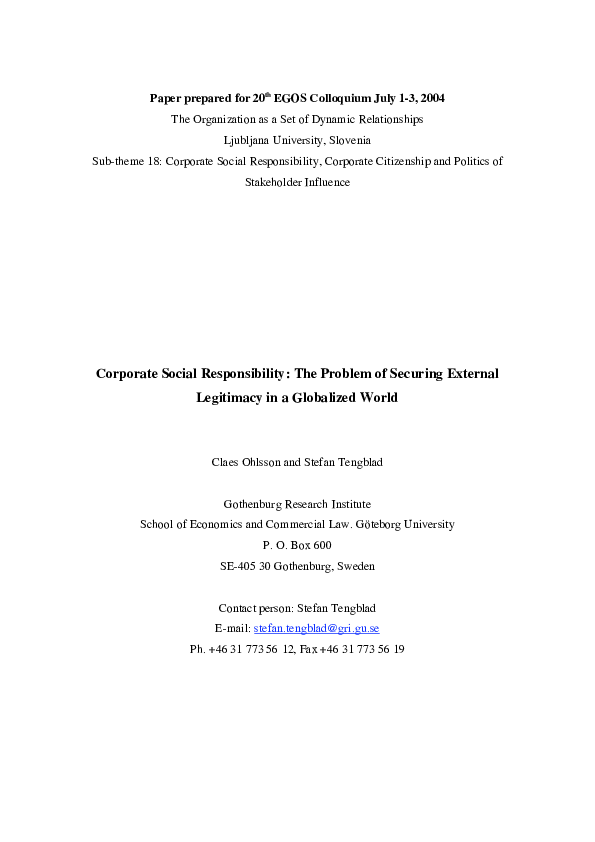 (PDF) Corporate Social Responsibility: The Problem of Securing External ...