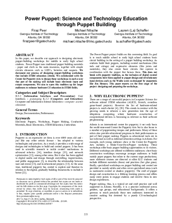 Power Puppet: Science and Technology Education through Puppet Building