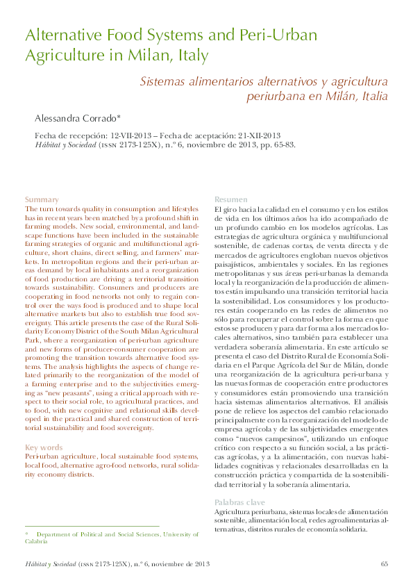 (PDF) Alternative Food Systems and Peri-Urban Agriculture in Milan, Italy