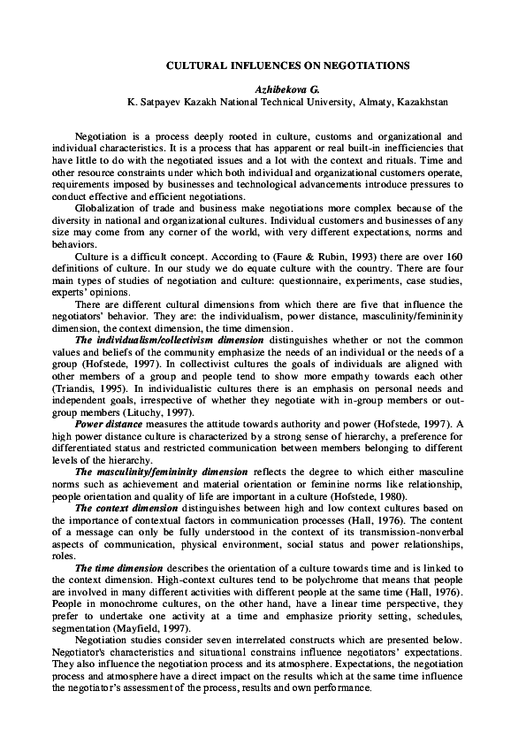 (PDF) Сultural influences on negotiations