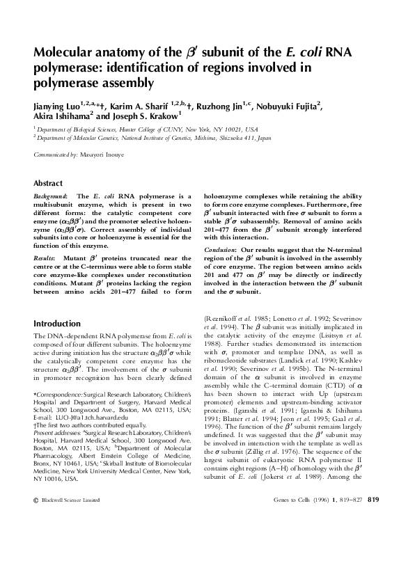 (PDF) Molecular Anatomy of beta-prime subunit of the E. coli RNA ...