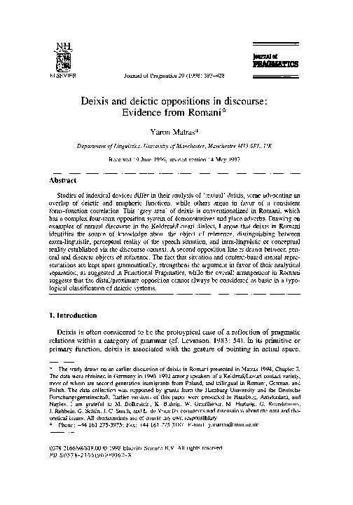 (PDF) Matras, Yaron. 1998. Deixis and deictic oppositions in discourse ...