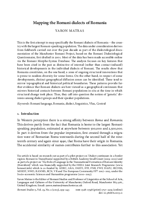 (PDF) Matras, Yaron. 2013. Mapping the Romani dialects of Romania ...