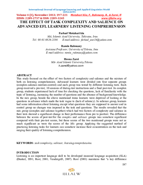 (PDF) THE EFFECT OF TASK COMPLEXITY AND SALIENCE ON ADVANCED EFL LEARNERS' LISTENING COMPREHENSION