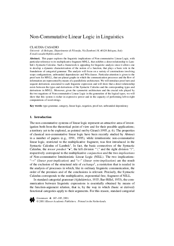 (PDF) Non-Commutative Linear Logic in Linguistics