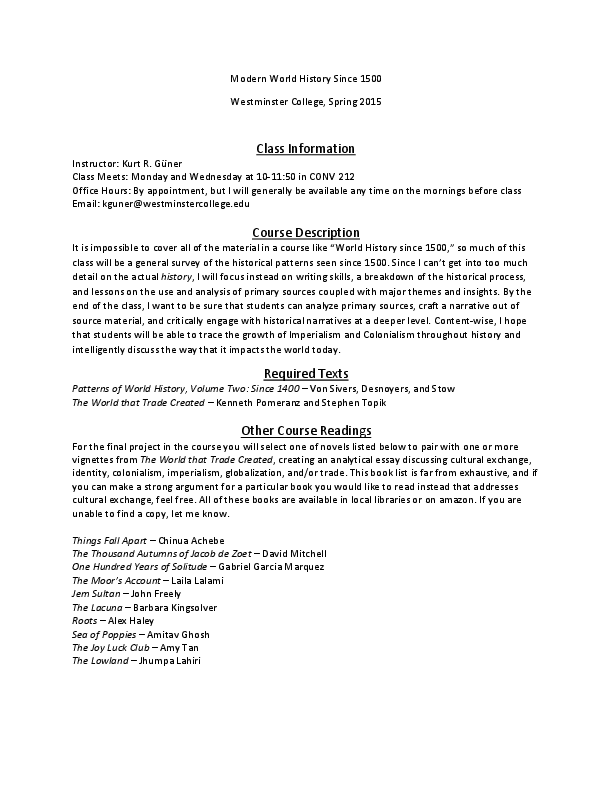 (DOC) Modern World History Since 1500 Syllabus (Westminster College)