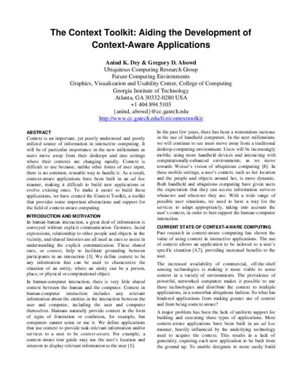Pdf The Context Toolkit Aiding The Development Of Context Aware