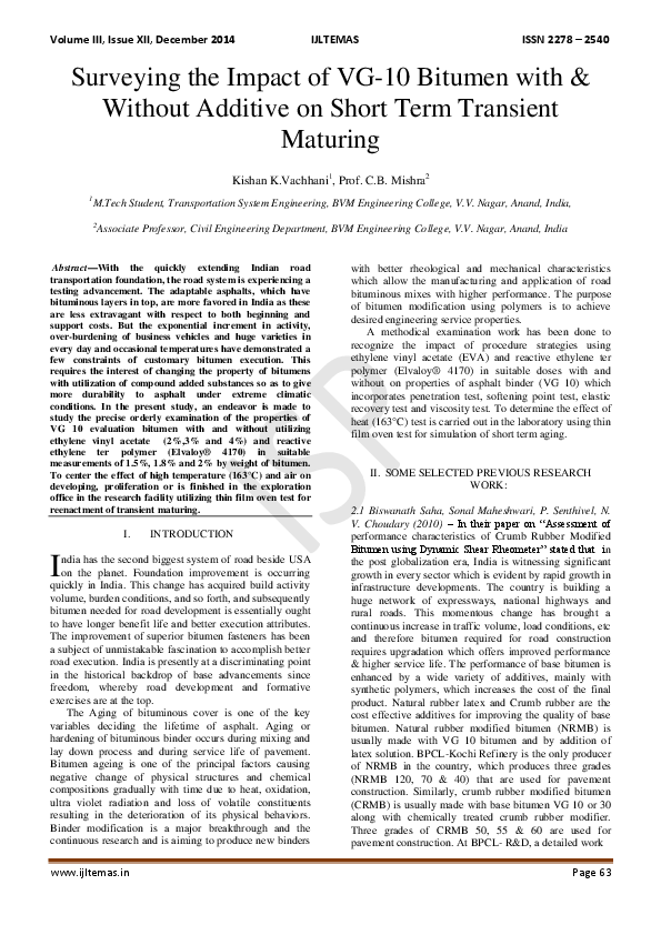 (PDF) Surveying the Impact of VG-10 Bitumen with & Without Additive on ...